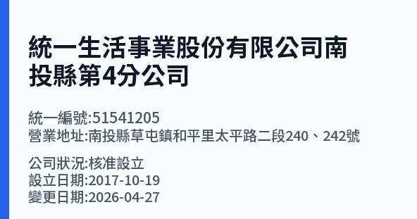 統一生活事業股份有限公司南投縣第4分公司的照片-統編 51541205(南投縣) 公司登記資料與營業項目詳細圖表