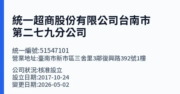統一超商股份有限公司台南市第二七九分公司的照片-統編 51547101(臺南市) 公司登記資料與營業項目詳細圖表