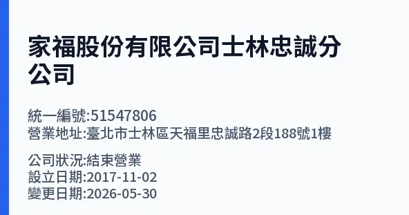 家福股份有限公司士林忠誠分公司的照片-統編 51547806(臺北市) 公司登記資料與營業項目詳細圖表