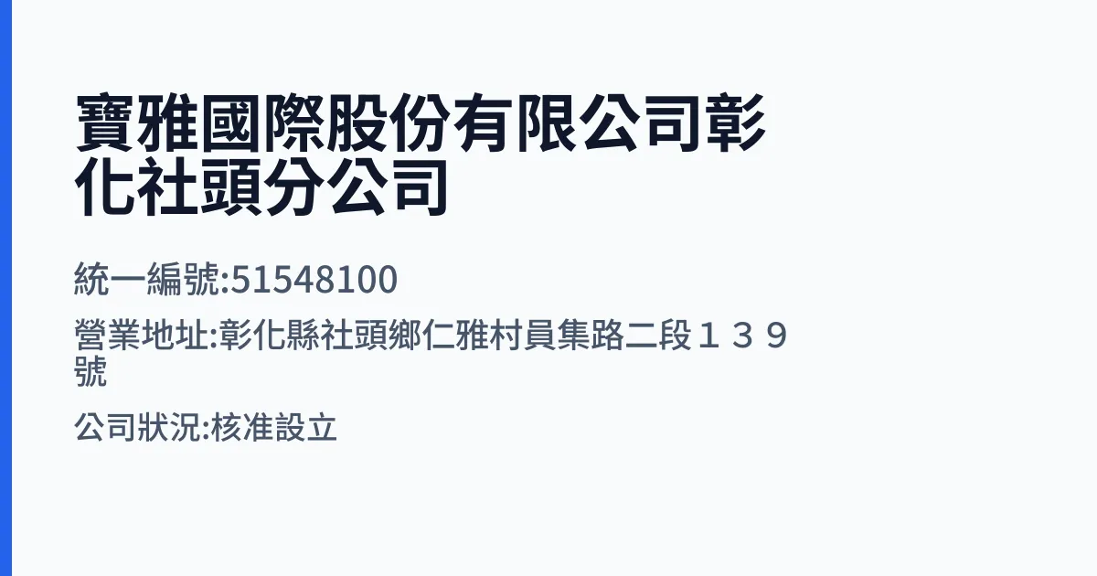 寶雅國際股份有限公司彰化社頭分公司 - 統編 51548100(彰化縣) 公司登記資料與營業項目詳細圖表