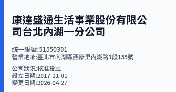 康達盛通生活事業股份有限公司台北內湖一分公司的照片-統編 51550301(臺北市) 公司登記資料與營業項目詳細圖表