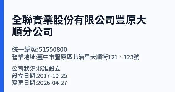 全聯實業股份有限公司豐原大順分公司的照片-統編 51550800(臺中市) 公司登記資料與營業項目詳細圖表