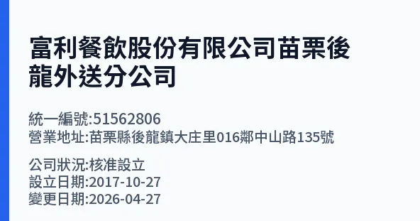 富利餐飲股份有限公司苗栗後龍外送分公司的照片-統編 51562806(苗栗縣) 公司登記資料與營業項目詳細圖表