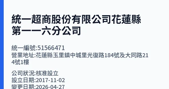 統一超商股份有限公司花蓮縣第一一六分公司的照片-統編 51566471(花蓮縣) 公司登記資料與營業項目詳細圖表