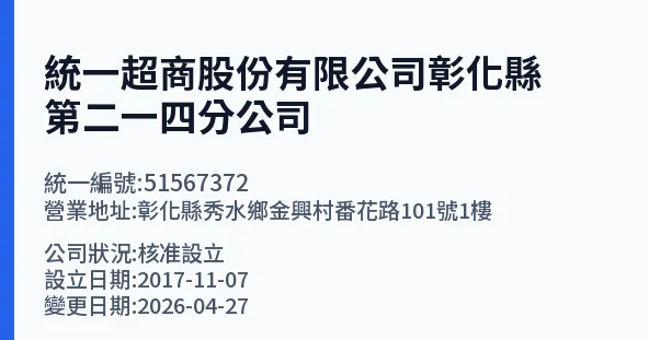 統一超商股份有限公司彰化縣第二一四分公司的照片-統編 51567372(彰化縣) 公司登記資料與營業項目詳細圖表