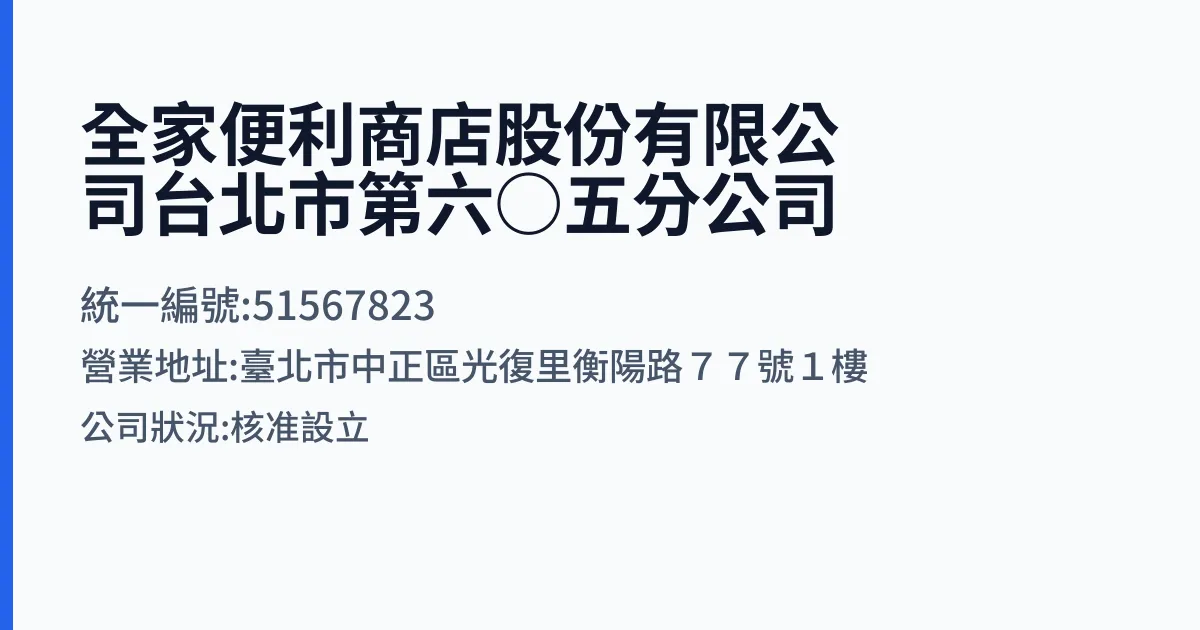 全家便利商店股份有限公司台北市第六○五分公司 - 統編 51567823(臺北市) 公司登記資料與營業項目詳細圖表