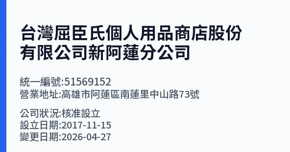 台灣屈臣氏個人用品商店股份有限公司新阿蓮分公司的照片-統編 51569152(高雄市) 公司登記資料與營業項目詳細圖表