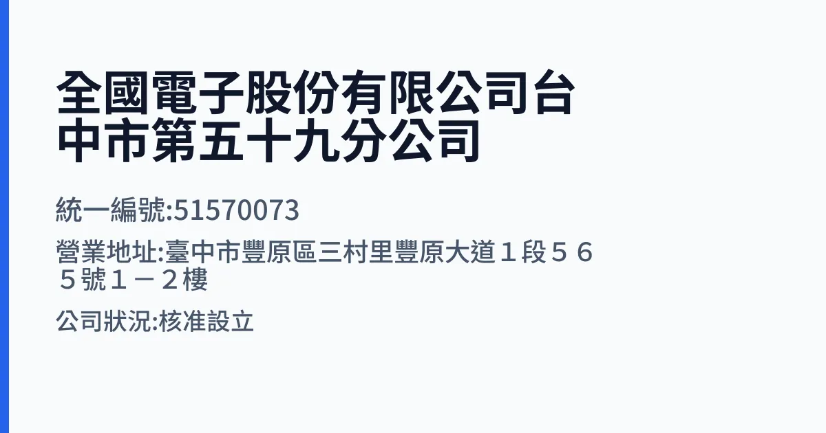 全國電子股份有限公司台中市第五十九分公司 - 統編 51570073(臺中市) 公司登記資料與營業項目詳細圖表