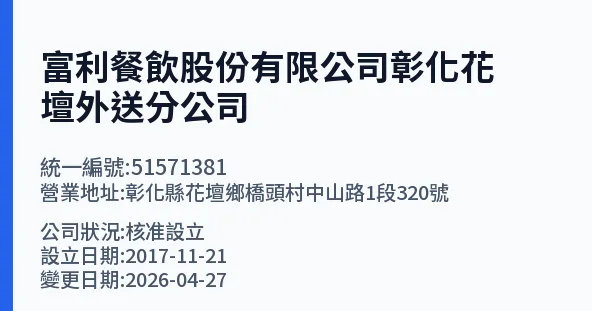 富利餐飲股份有限公司彰化花壇外送分公司的照片-統編 51571381(彰化縣) 公司登記資料與營業項目詳細圖表