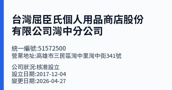 台灣屈臣氏個人用品商店股份有限公司灣中分公司的照片-統編 51572500(高雄市) 公司登記資料與營業項目詳細圖表