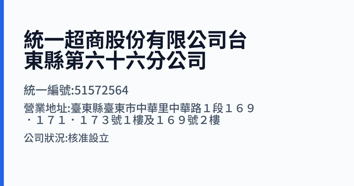 統一超商股份有限公司台東縣第六十六分公司 - 統編 51572564(臺東縣) 公司登記資料與營業項目詳細圖表