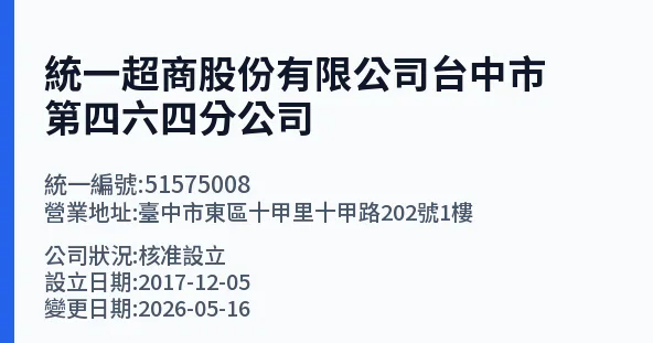 統一超商股份有限公司台中市第四六四分公司的照片-統編 51575008(臺中市) 公司登記資料與營業項目詳細圖表