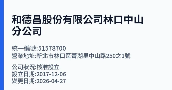 和德昌股份有限公司林口中山分公司的照片-統編 51578700(新北市) 公司登記資料與營業項目詳細圖表