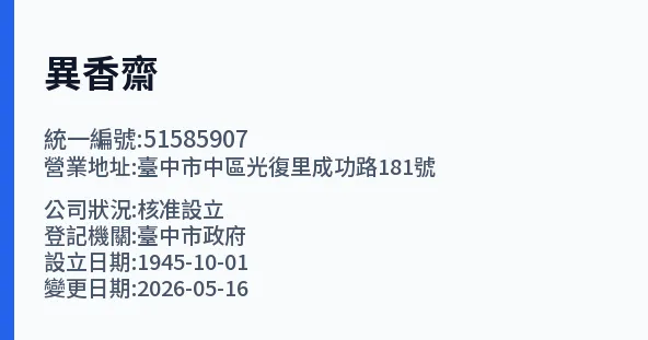 異香齋的照片-統編 51585907(臺中市) 公司登記資料與營業項目詳細圖表