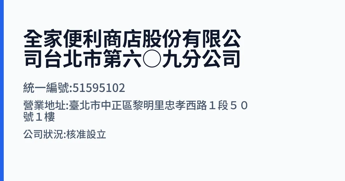 全家便利商店股份有限公司台北市第六○九分公司 - 統編 51595102(臺北市) 公司登記資料與營業項目詳細圖表