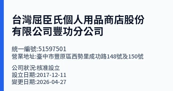 台灣屈臣氏個人用品商店股份有限公司豐功分公司的照片-統編 51597501(臺中市) 公司登記資料與營業項目詳細圖表