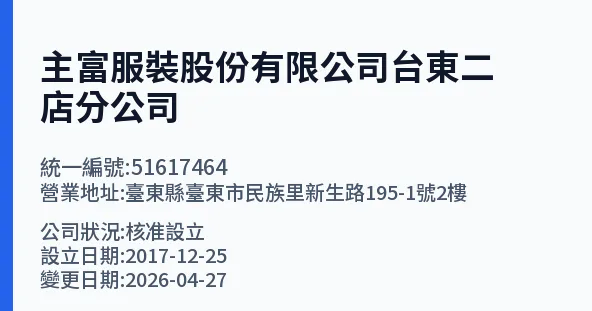 主富服裝股份有限公司台東二店分公司的照片-統編 51617464(臺東縣) 公司登記資料與營業項目詳細圖表