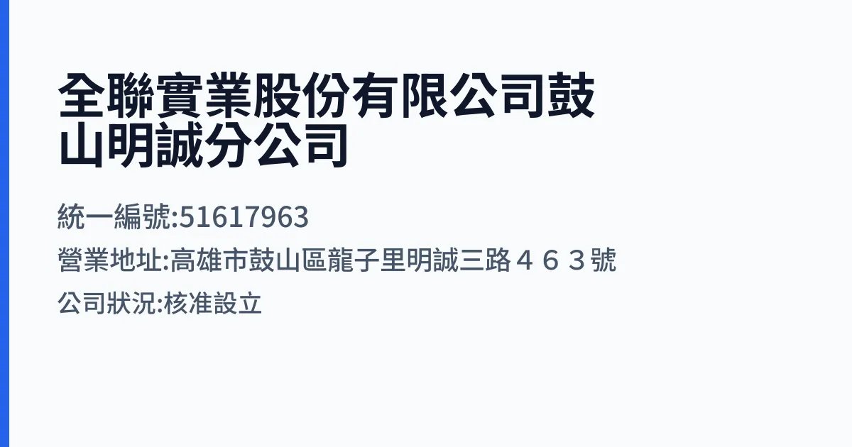 全聯實業股份有限公司鼓山明誠分公司 - 統編 51617963(高雄市) 公司登記資料與營業項目詳細圖表