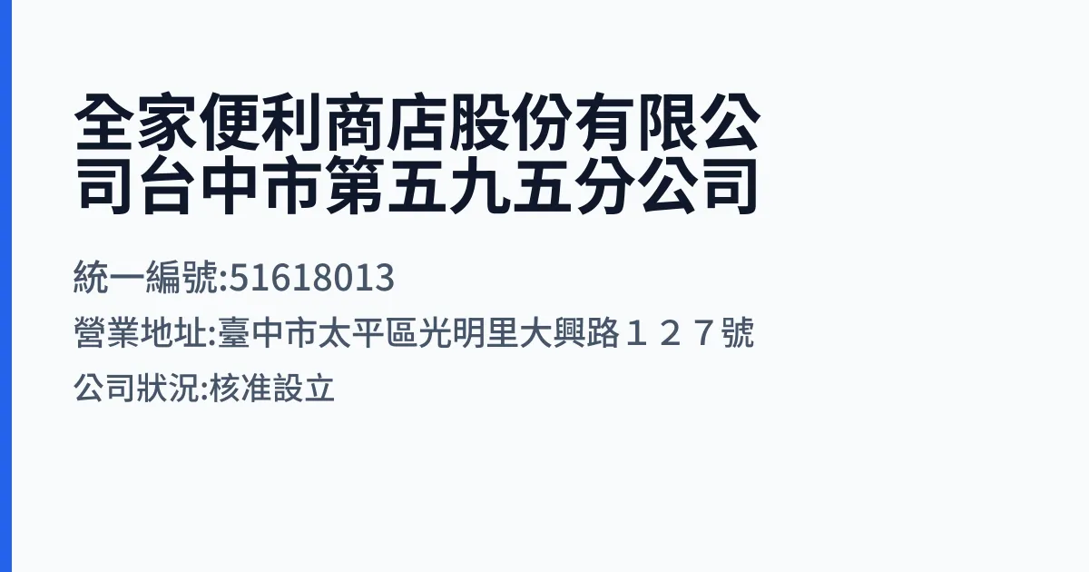 全家便利商店股份有限公司台中市第五九五分公司 - 統編 51618013(臺中市) 公司登記資料與營業項目詳細圖表