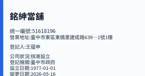 銘紳當舖的照片-統編 51618196(臺中市) 公司登記資料與營業項目詳細圖表