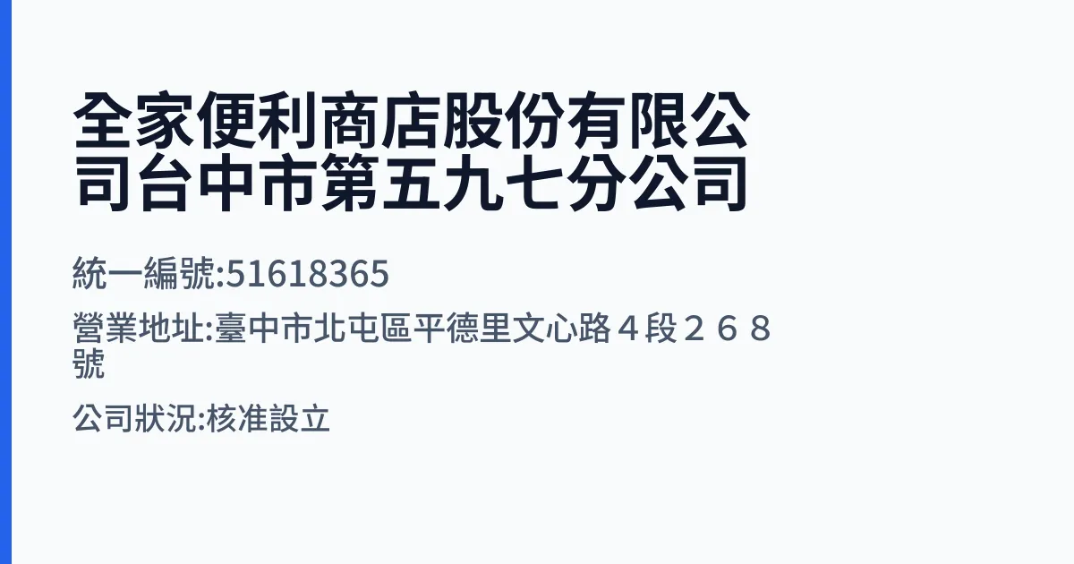 全家便利商店股份有限公司台中市第五九七分公司 - 統編 51618365（臺中市） 公司登記資料與營業項目詳細圖表