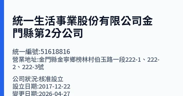 統一生活事業股份有限公司金門縣第2分公司的照片-統編 51618816(金門縣) 公司登記資料與營業項目詳細圖表