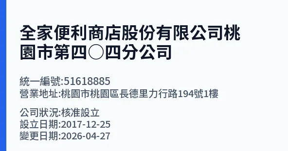 全家便利商店股份有限公司桃園市第四○四分公司的照片-統編 51618885(桃園市) 公司登記資料與營業項目詳細圖表