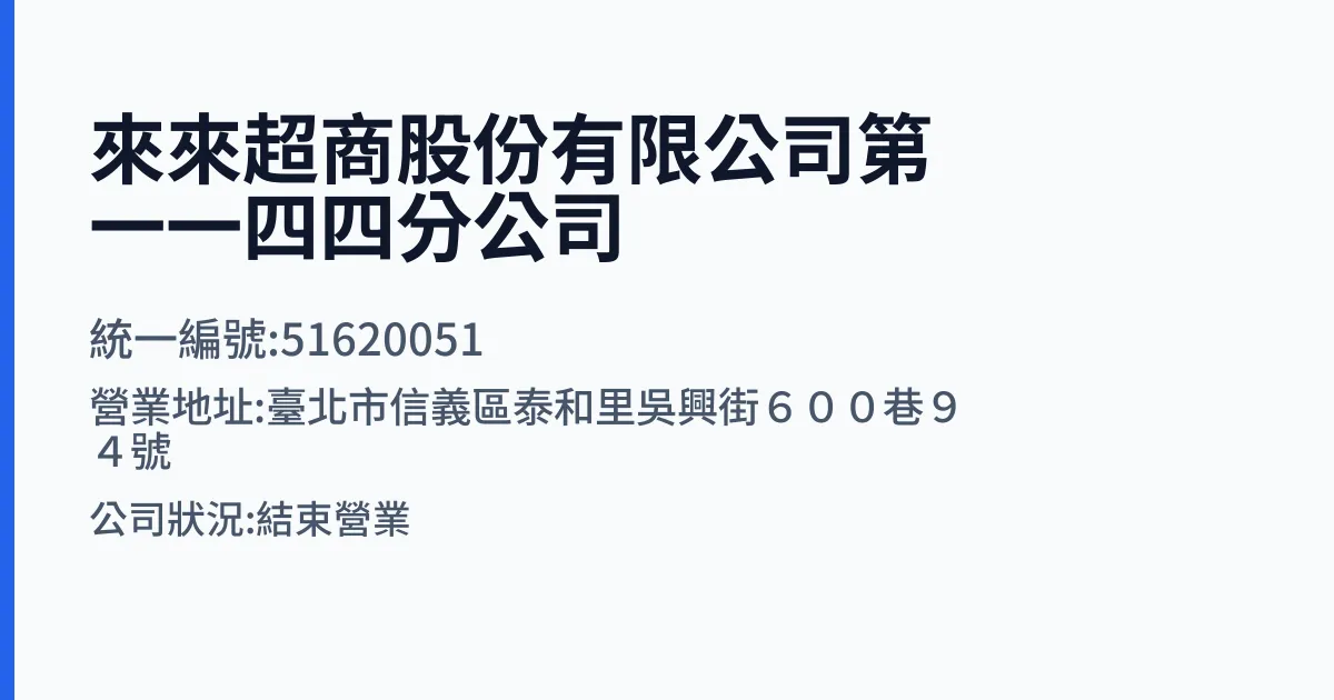 來來超商股份有限公司第一一四四分公司 - 統編 51620051(臺北市) 公司登記資料與營業項目詳細圖表