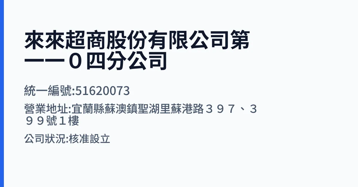 來來超商股份有限公司第一一０四分公司 - 統編 51620073(宜蘭縣) 公司登記資料與營業項目詳細圖表