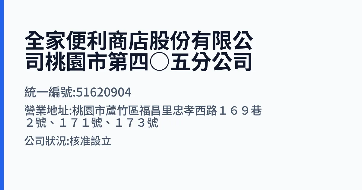 全家便利商店股份有限公司桃園市第四○五分公司 - 統編 51620904(桃園市) 公司登記資料與營業項目詳細圖表