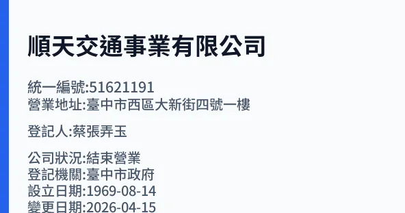 順天交通事業有限公司的照片-統編 51621191(臺中市) 公司登記資料與營業項目詳細圖表