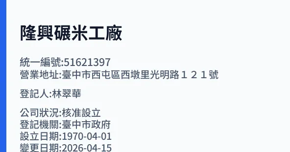 隆興碾米工廠的照片-統編 51621397(臺中市) 公司登記資料與營業項目詳細圖表