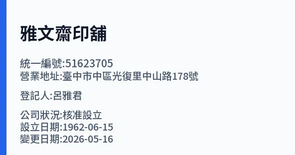 雅文齋印舖的照片-統編 51623705(臺中市) 公司登記資料與營業項目詳細圖表