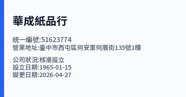 華成紙品行的照片-統編 51623774(臺中市) 公司登記資料與營業項目詳細圖表