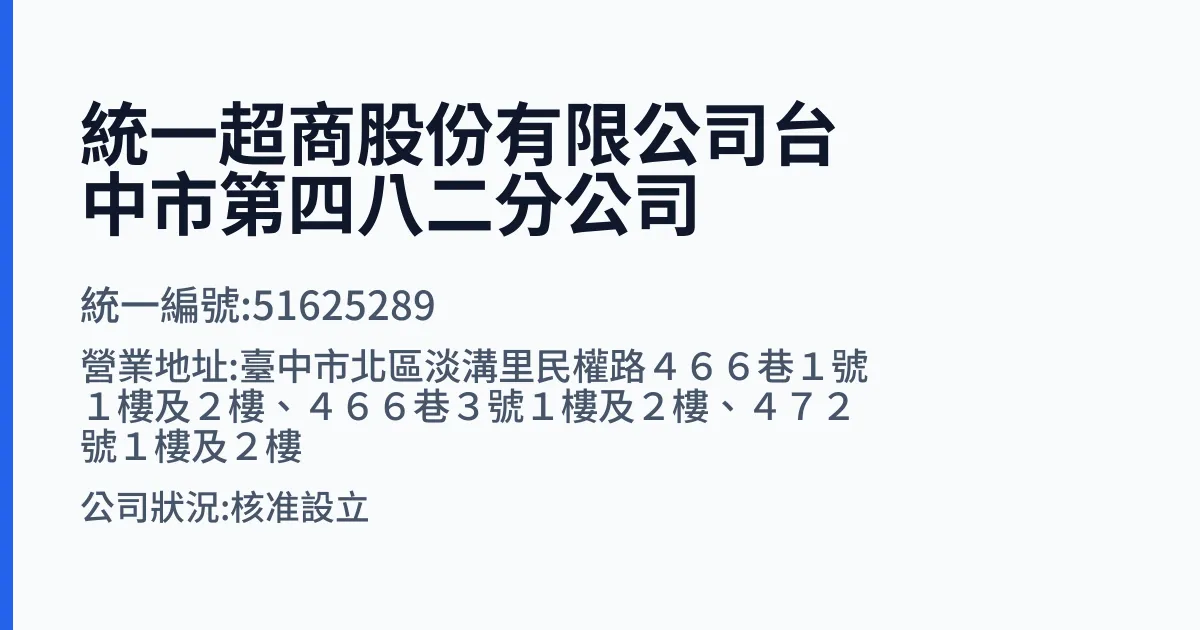 統一超商股份有限公司台中市第四八二分公司 - 統編 51625289(臺中市) 公司登記資料與營業項目詳細圖表