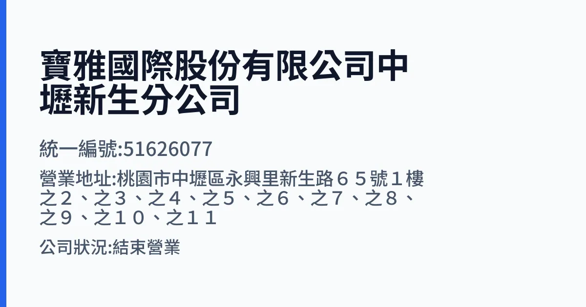寶雅國際股份有限公司中壢新生分公司 - 統編 51626077(桃園市) 公司登記資料與營業項目詳細圖表