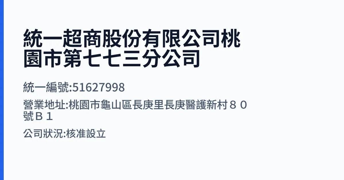 統一超商股份有限公司桃園市第七七三分公司 - 統編 51627998(桃園市) 公司登記資料與營業項目詳細圖表