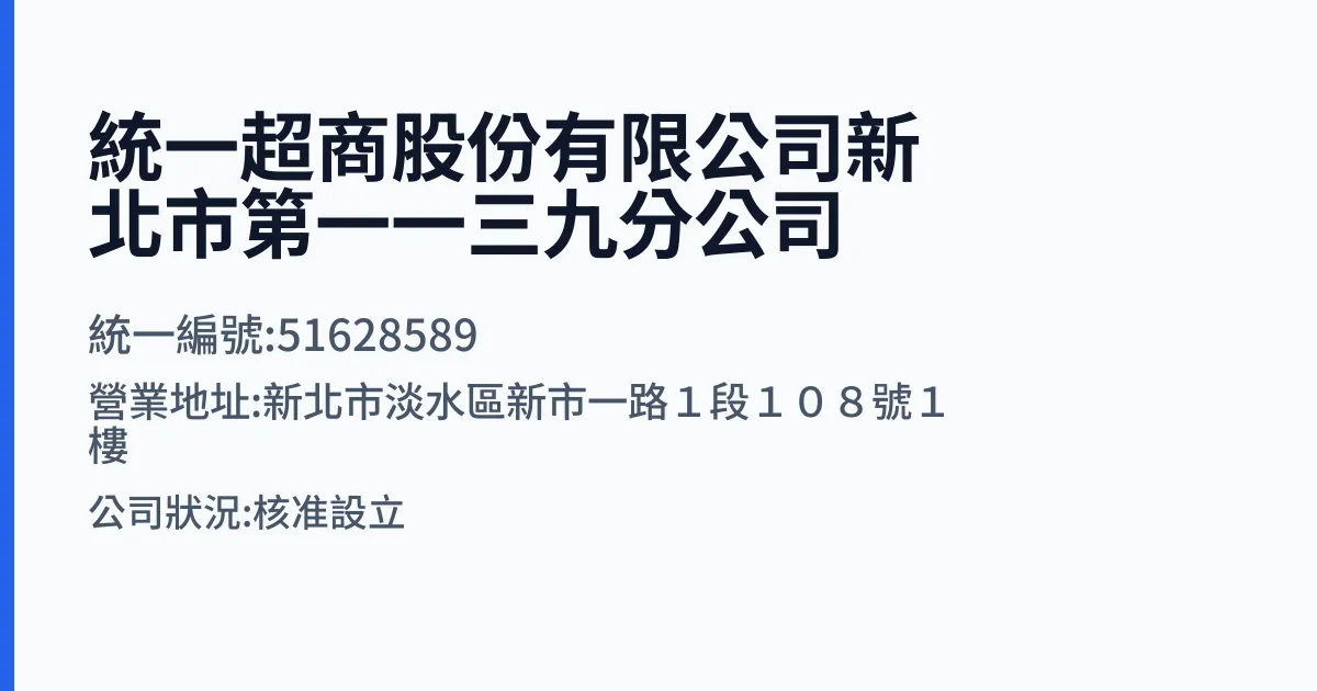統一超商股份有限公司新北市第一一三九分公司 - 統編 51628589(新北市) 公司登記資料與營業項目詳細圖表