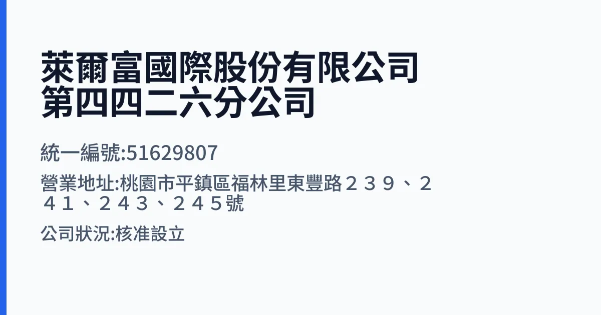 萊爾富國際股份有限公司第四四二六分公司 - 統編 51629807(桃園市) 公司登記資料與營業項目詳細圖表