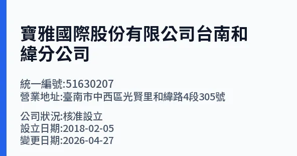 寶雅國際股份有限公司台南和緯分公司的照片-統編 51630207(臺南市) 公司登記資料與營業項目詳細圖表