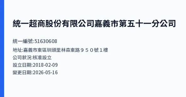 統一超商股份有限公司嘉義市第五十一分公司的照片-統編 51630608(嘉義市) 公司登記資料與營業項目詳細圖表