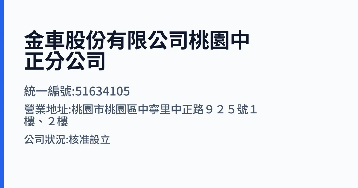 金車股份有限公司桃園中正分公司 - 統編 51634105(桃園市) 公司登記資料與營業項目詳細圖表