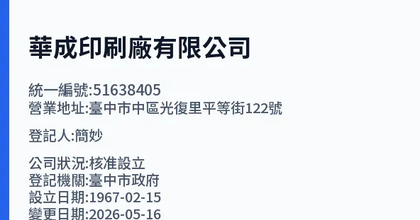 華成印刷廠有限公司的照片-統編 51638405(臺中市) 公司登記資料與營業項目詳細圖表