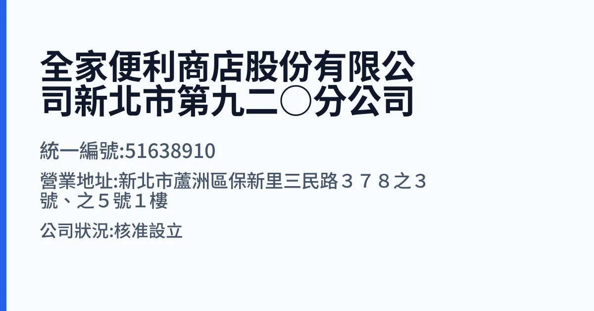 全家便利商店股份有限公司新北市第九二○分公司 - 統編 51638910（新北市） 公司登記資料與營業項目詳細圖表