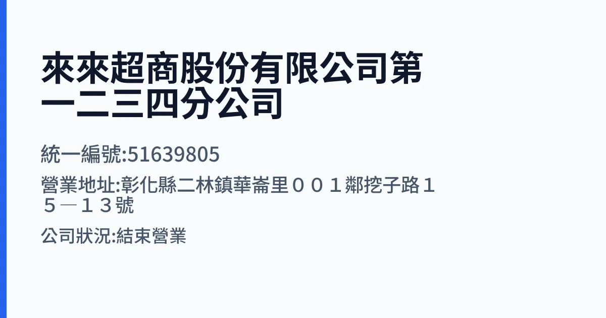 來來超商股份有限公司第一二三四分公司 - 統編 51639805(彰化縣) 公司登記資料與營業項目詳細圖表
