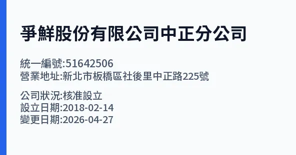 爭鮮股份有限公司中正分公司的照片-統編 51642506(新北市) 公司登記資料與營業項目詳細圖表