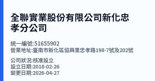 全聯實業股份有限公司新化忠孝分公司的照片-統編 51655902(臺南市) 公司登記資料與營業項目詳細圖表