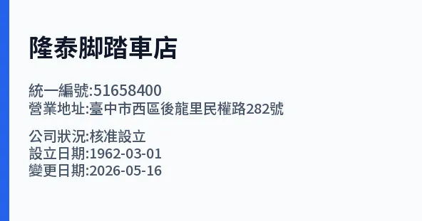 隆泰脚踏車店的照片-統編 51658400(臺中市) 公司登記資料與營業項目詳細圖表