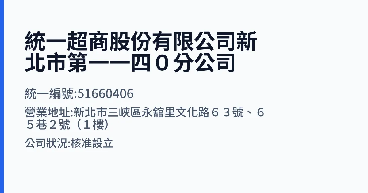統一超商股份有限公司新北市第一一四0分公司 - 統編 51660406(新北市) 公司登記資料與營業項目詳細圖表