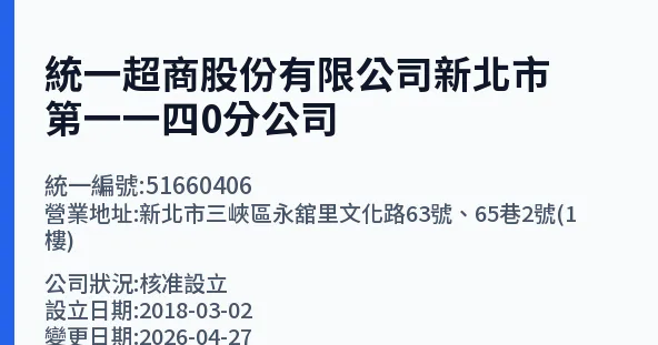 統一超商股份有限公司新北市第一一四0分公司的照片-統編 51660406(新北市) 公司登記資料與營業項目詳細圖表